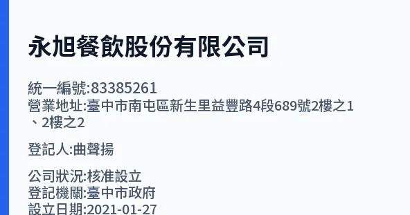 永旭餐飲股份有限公司的照片-統編 83385261(臺中市) 公司登記資料與營業項目詳細圖表