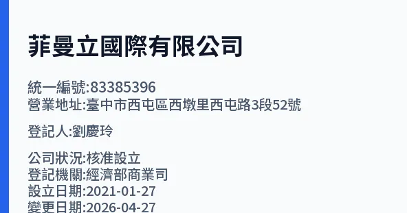 菲曼立國際有限公司的照片-統編 83385396(臺中市) 公司登記資料與營業項目詳細圖表