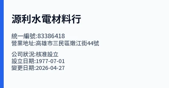 源利水電材料行的照片-統編 83386418(高雄市) 公司登記資料與營業項目詳細圖表