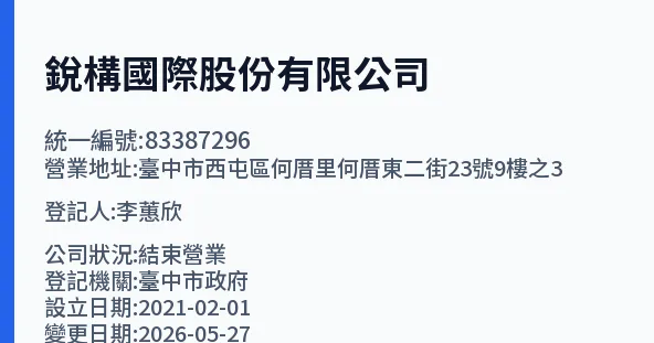 銳構國際股份有限公司的照片-統編 83387296(臺中市) 公司登記資料與營業項目詳細圖表
