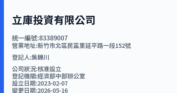 立庫投資有限公司的照片-統編 83389007(新竹市) 公司登記資料與營業項目詳細圖表