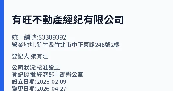 有旺不動產經紀有限公司的照片-統編 83389392(新竹縣) 公司登記資料與營業項目詳細圖表