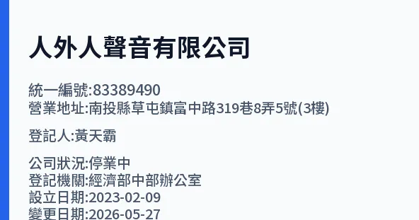 人外人聲音有限公司的照片-統編 83389490(南投縣) 公司登記資料與營業項目詳細圖表