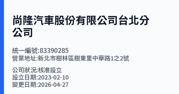 尚隆汽車股份有限公司台北分公司的照片-統編 83390285(新北市) 公司登記資料與營業項目詳細圖表