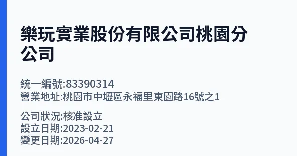 樂玩實業股份有限公司桃園分公司的照片-統編 83390314(桃園市) 公司登記資料與營業項目詳細圖表