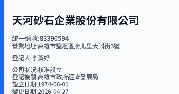 天河砂石企業股份有限公司的照片-統編 83390594(高雄市) 公司登記資料與營業項目詳細圖表