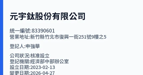 元宇鈦股份有限公司的照片-統編 83390601(新竹縣) 公司登記資料與營業項目詳細圖表