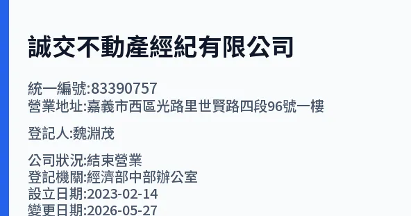誠交不動產經紀有限公司的照片-統編 83390757(嘉義市) 公司登記資料與營業項目詳細圖表