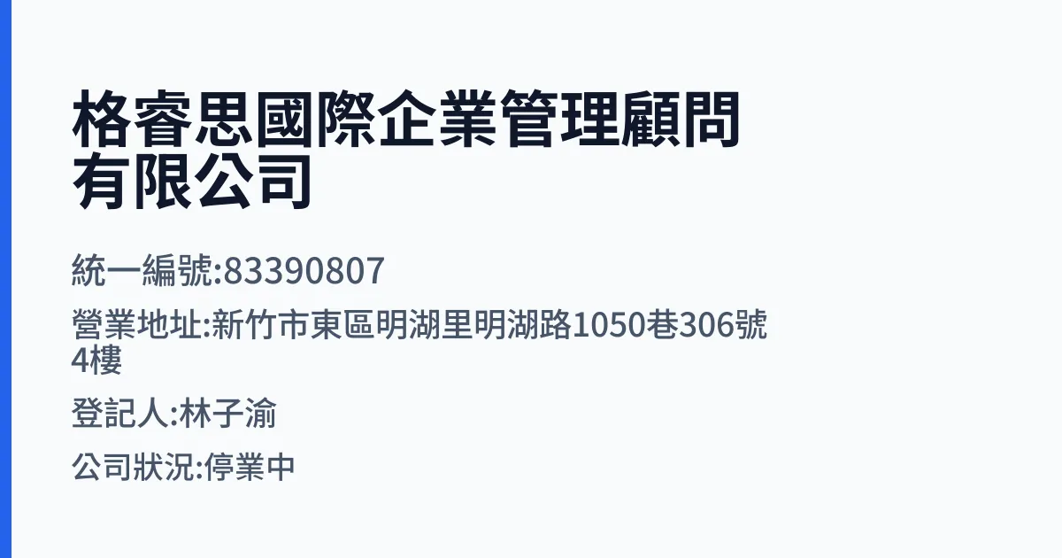格睿思國際企業管理顧問有限公司 - 統編 83390807(新竹市) 公司登記資料與營業項目詳細圖表