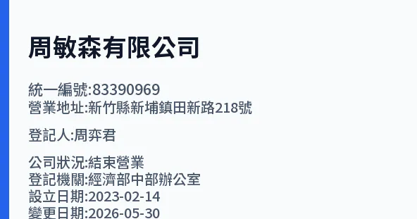 周敏森有限公司的照片-統編 83390969(新竹縣) 公司登記資料與營業項目詳細圖表