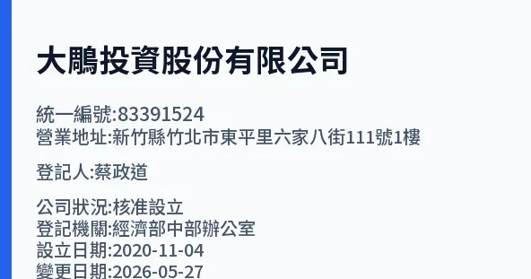 大鵰投資股份有限公司的照片-統編 83391524(新竹縣) 公司登記資料與營業項目詳細圖表