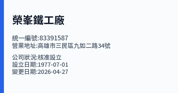榮峯鐵工廠的照片-統編 83391587(高雄市) 公司登記資料與營業項目詳細圖表