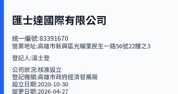 匯士達國際有限公司的照片-統編 83391670(高雄市) 公司登記資料與營業項目詳細圖表