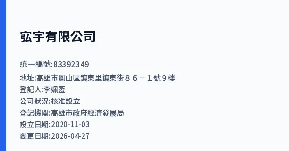 宖宇有限公司的照片-統編 83392349(高雄市) 公司登記資料與營業項目詳細圖表