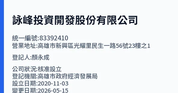 詠峰投資開發股份有限公司的照片-統編 83392410(高雄市) 公司登記資料與營業項目詳細圖表