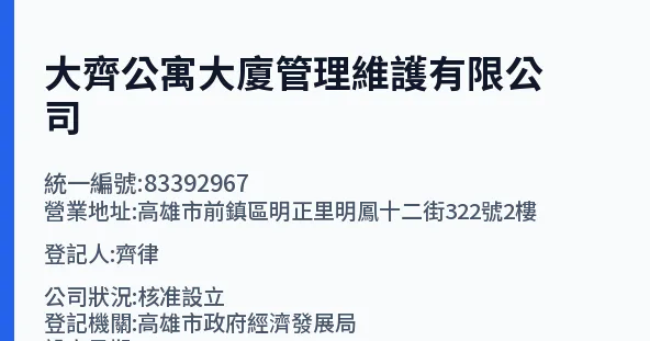 大齊公寓大廈管理維護有限公司的照片-統編 83392967(高雄市) 公司登記資料與營業項目詳細圖表