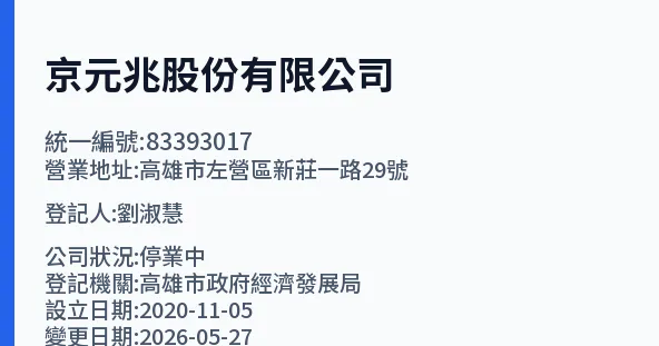 京元兆股份有限公司的照片-統編 83393017(高雄市) 公司登記資料與營業項目詳細圖表