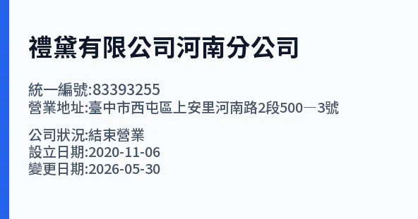 禮黛有限公司河南分公司的照片-統編 83393255(臺中市) 公司登記資料與營業項目詳細圖表