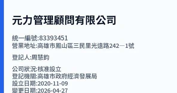 元力管理顧問有限公司的照片-統編 83393451(高雄市) 公司登記資料與營業項目詳細圖表