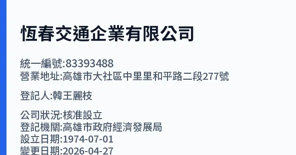 恆春交通企業有限公司的照片-統編 83393488(高雄市) 公司登記資料與營業項目詳細圖表