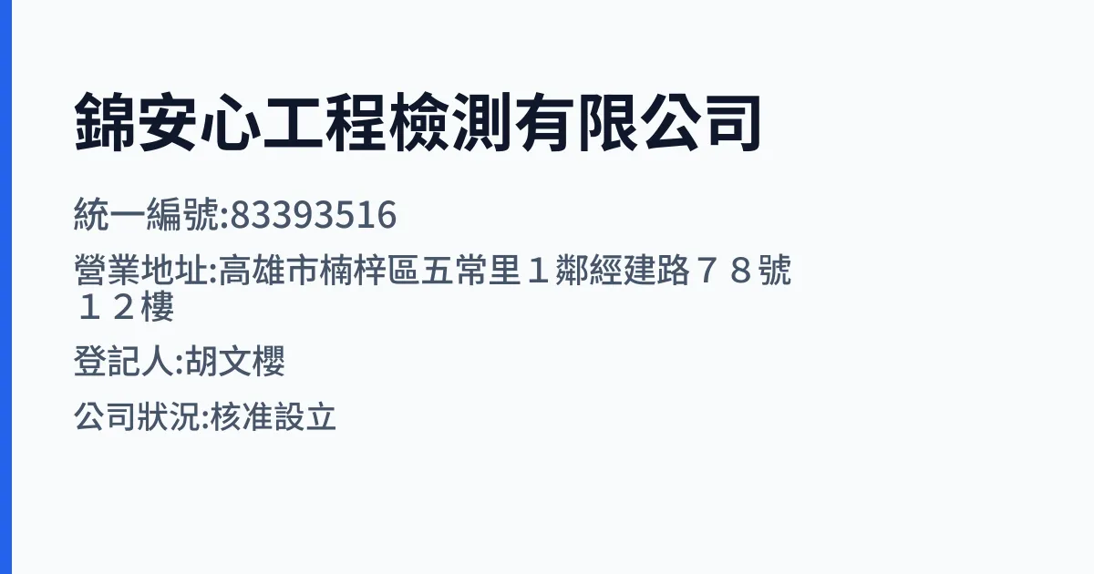 錦安心工程檢測有限公司 - 統編 83393516(高雄市) 公司登記資料與營業項目詳細圖表