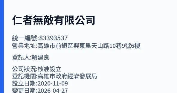 仁者無敵有限公司的照片-統編 83393537(高雄市) 公司登記資料與營業項目詳細圖表
