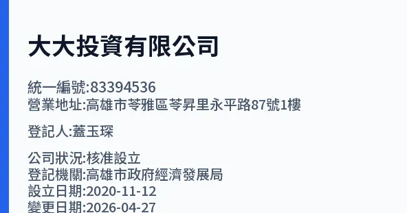 大大投資有限公司的照片-統編 83394536(高雄市) 公司登記資料與營業項目詳細圖表