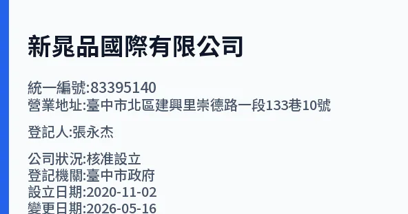 新晁品國際有限公司的照片-統編 83395140(臺中市) 公司登記資料與營業項目詳細圖表