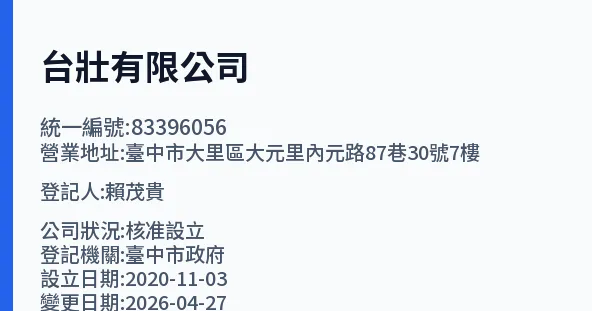 台壯有限公司的照片-統編 83396056(臺中市) 公司登記資料與營業項目詳細圖表