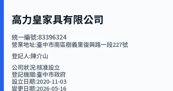 高力皇家具有限公司的照片-統編 83396324(臺中市) 公司登記資料與營業項目詳細圖表