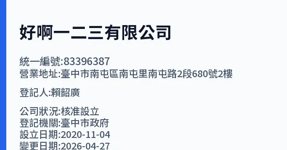 好啊一二三有限公司的照片-統編 83396387(臺中市) 公司登記資料與營業項目詳細圖表