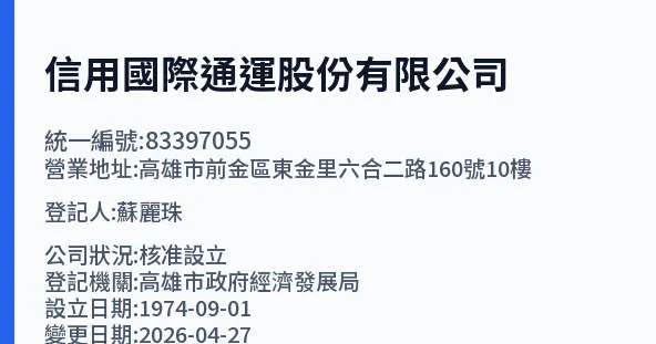 信用國際通運股份有限公司的照片-統編 83397055(高雄市) 公司登記資料與營業項目詳細圖表
