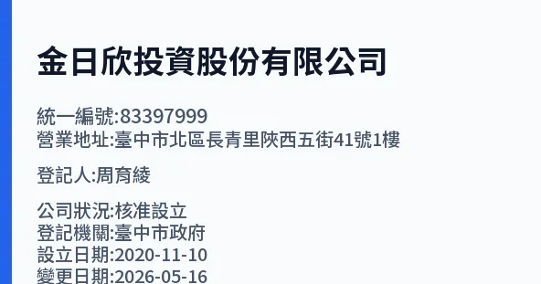 金日欣投資股份有限公司的照片-統編 83397999(臺中市) 公司登記資料與營業項目詳細圖表