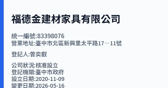 福德金建材家具有限公司的照片-統編 83398076(臺中市) 公司登記資料與營業項目詳細圖表