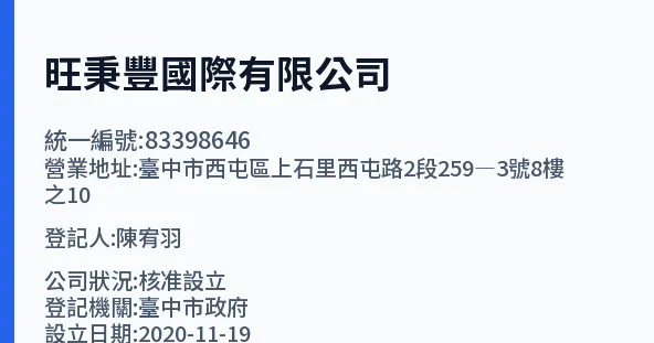 旺秉豐國際有限公司的照片-統編 83398646(臺中市) 公司登記資料與營業項目詳細圖表