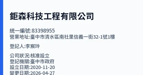 鉅森科技工程有限公司的照片-統編 83398955(臺中市) 公司登記資料與營業項目詳細圖表