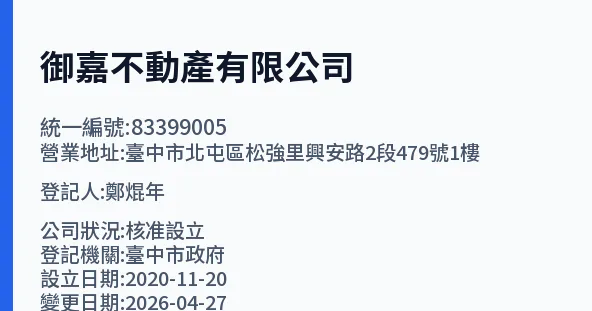 御嘉不動產有限公司的照片-統編 83399005(臺中市) 公司登記資料與營業項目詳細圖表