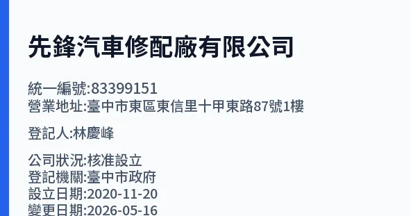 先鋒汽車修配廠有限公司的照片-統編 83399151(臺中市) 公司登記資料與營業項目詳細圖表