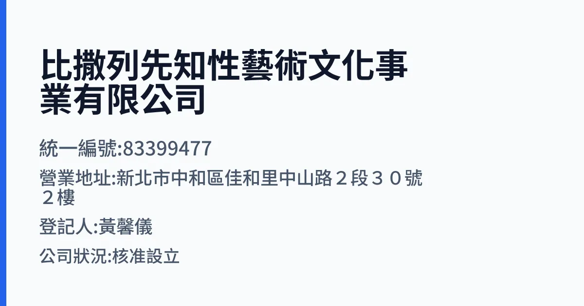 比撒列先知性藝術文化事業有限公司 - 統編 83399477(臺北市) 公司登記資料與營業項目詳細圖表