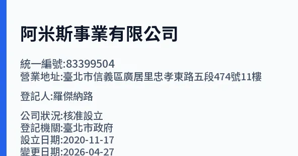阿米斯事業有限公司的照片-統編 83399504(臺北市) 公司登記資料與營業項目詳細圖表