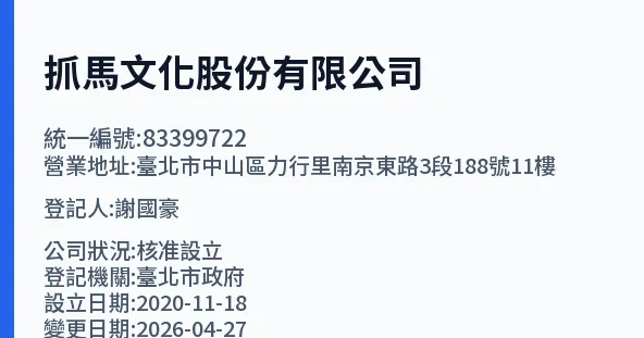 抓馬文化股份有限公司的照片-統編 83399722(臺北市) 公司登記資料與營業項目詳細圖表