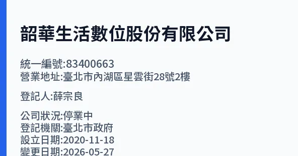 韶華生活數位股份有限公司的照片-統編 83400663(臺北市) 公司登記資料與營業項目詳細圖表