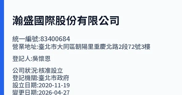 瀚盛國際股份有限公司的照片-統編 83400684(臺北市) 公司登記資料與營業項目詳細圖表