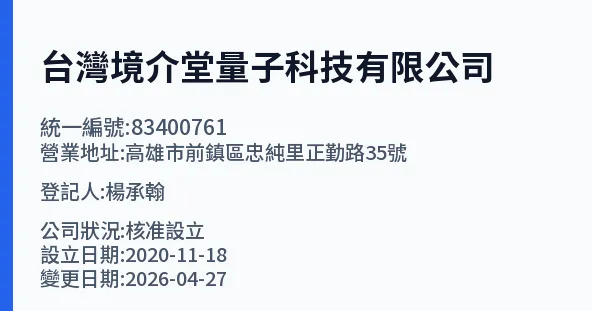 台灣境介堂量子科技有限公司的照片-統編 83400761(高雄市) 公司登記資料與營業項目詳細圖表