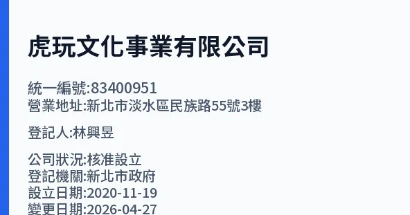 虎玩文化事業有限公司的照片-統編 83400951(新北市) 公司登記資料與營業項目詳細圖表
