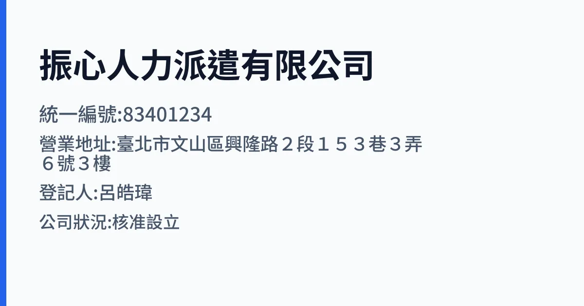 振心人力派遣有限公司 - 統編 83401234(臺北市) 公司登記資料與營業項目詳細圖表