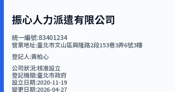 振心人力派遣有限公司的照片-統編 83401234(臺北市) 公司登記資料與營業項目詳細圖表