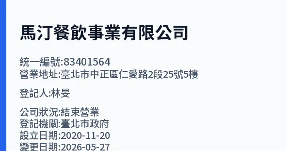 馬汀餐飲事業有限公司的照片-統編 83401564(臺北市) 公司登記資料與營業項目詳細圖表