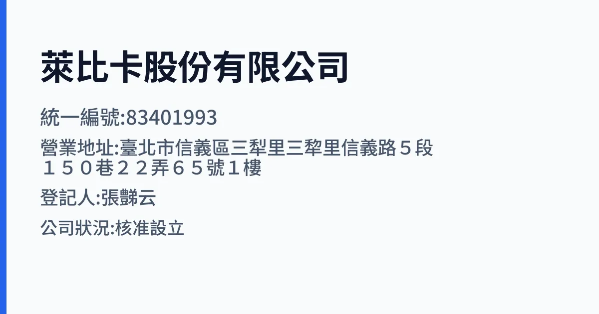 萊比卡股份有限公司 - 統編 83401993(臺北市) 公司登記資料與營業項目詳細圖表