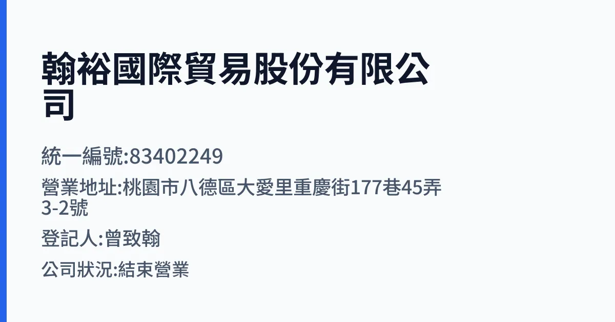 翰裕國際貿易股份有限公司 - 統編 83402249(桃園市) 公司登記資料與營業項目詳細圖表